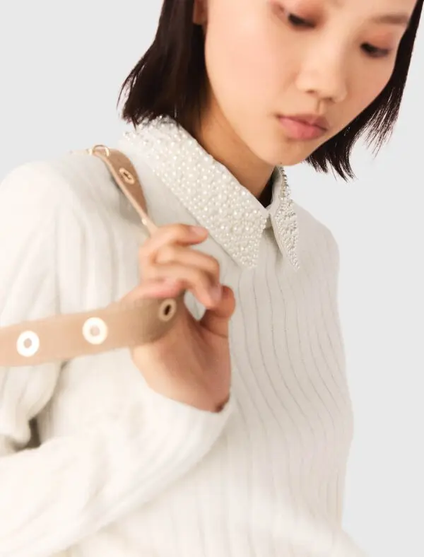 Maje Wool Ribbed Sweater With Pearl Collar