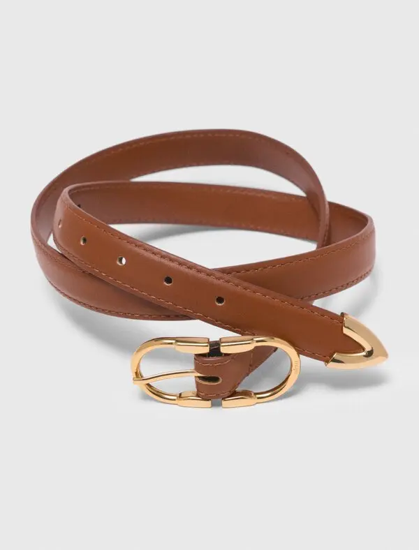 Maje Slim Leather Belt With Double Buckle - Camel