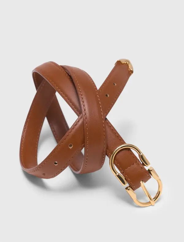 Maje Slim Leather Belt With Double Buckle - Camel