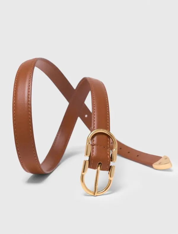 Maje Slim Leather Belt With Double Buckle - Camel