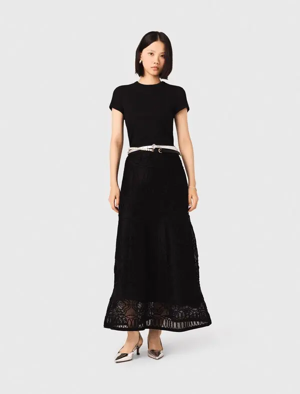 Maje Embroidered Basket-weave Knit Maxi Skirt