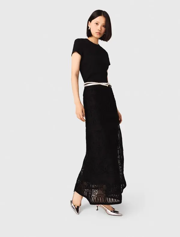 Maje Embroidered Basket-weave Knit Maxi Skirt