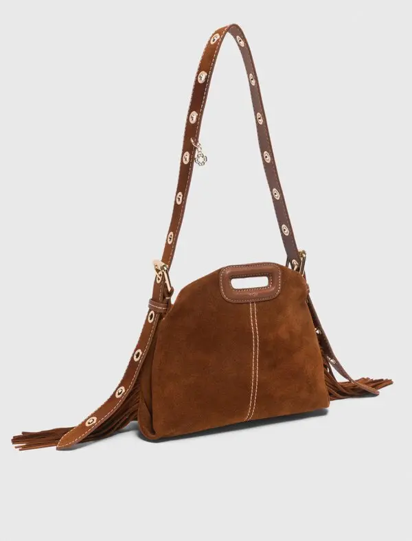 Maje Suede Miss M Mini Bag With Contrasting Topstitching And Fringe - Brown