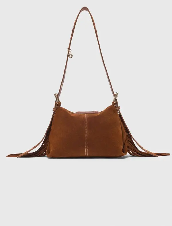 Maje Suede Miss M Mini Bag With Contrasting Topstitching And Fringe - Brown