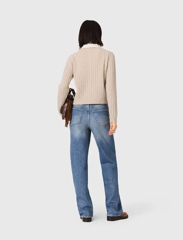 Maje Ribbed Wool Cardigan With Removable Pearl Collar - Beige