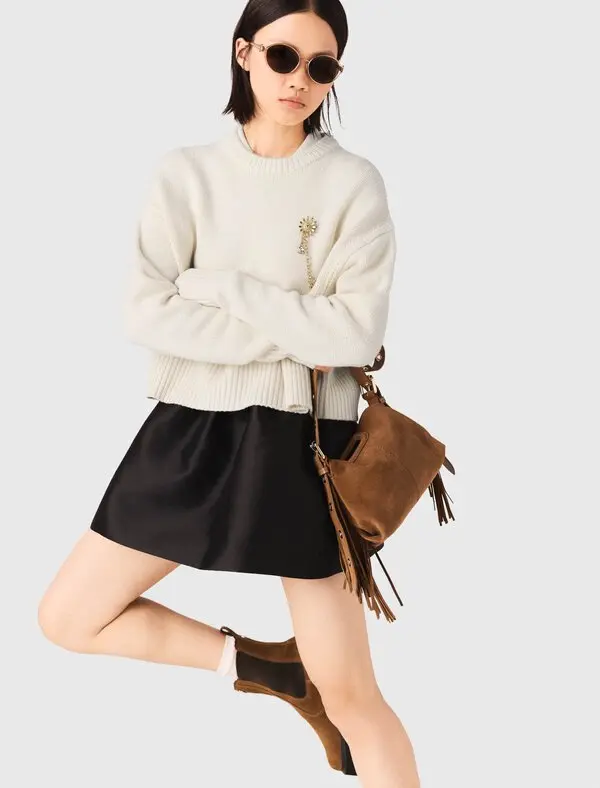 Maje Wool And Cashmere Sweater With Floral Brooch