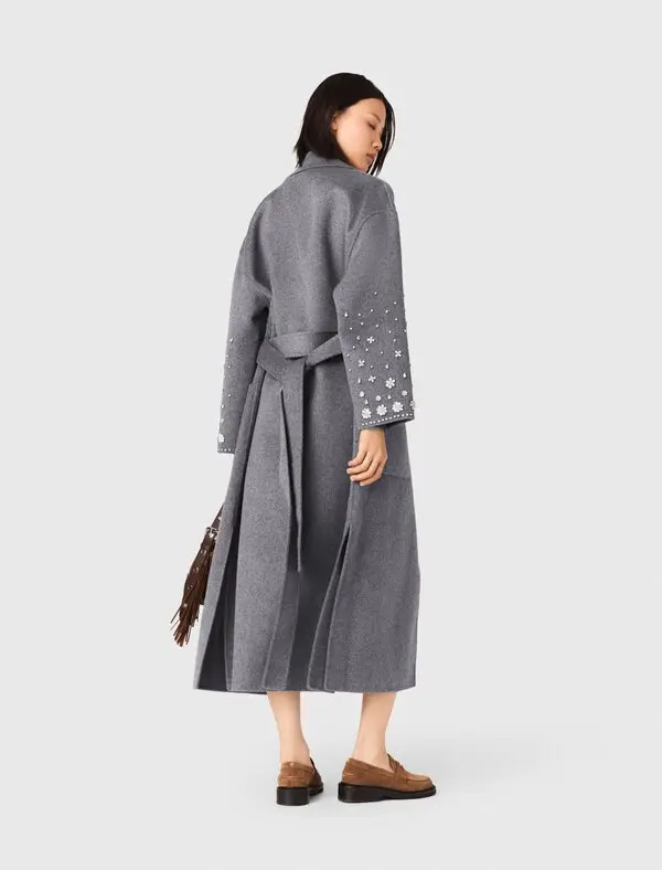 Maje Long Double-faced Wool Coat With Rhinestone Embellishments - Grey