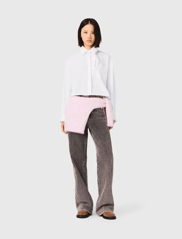 Maje Cropped Cotton Poplin Shirt With Crochet Collar And Tie Neck