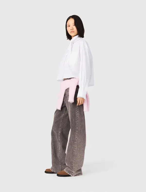 Maje Cropped Cotton Poplin Shirt With Crochet Collar And Tie Neck