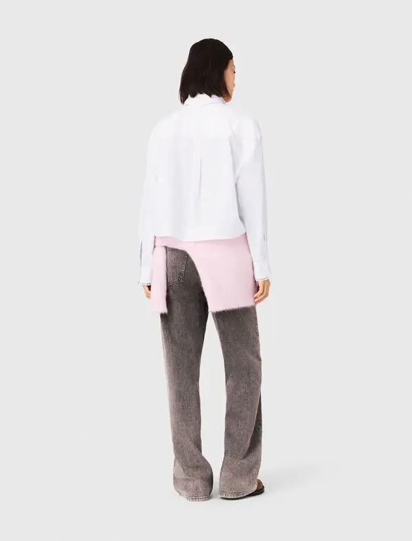 Maje Cropped Cotton Poplin Shirt With Crochet Collar And Tie Neck