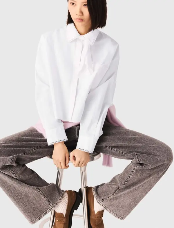 Maje Cropped Cotton Poplin Shirt With Crochet Collar And Tie Neck