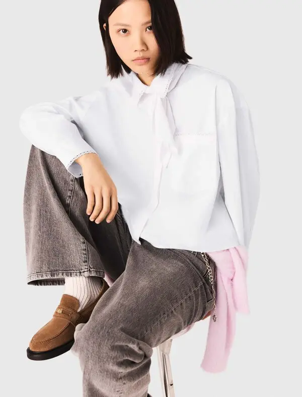 Maje Cropped Cotton Poplin Shirt With Crochet Collar And Tie Neck