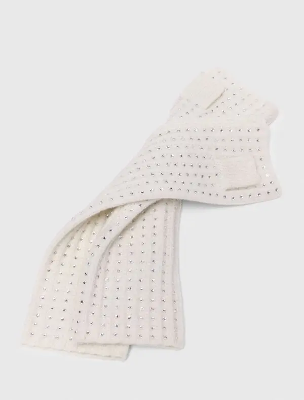 Maje Ribbed Wool Fingerless Mittens With Rhinestones