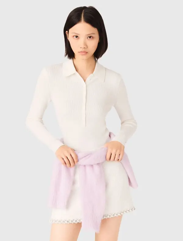 Maje Ribbed Knit Polo Sweater With Silk Blend - Ecru
