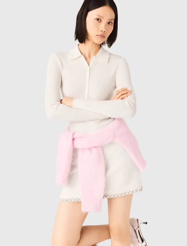 Maje Ribbed Knit Polo Sweater With Silk Blend - Ecru