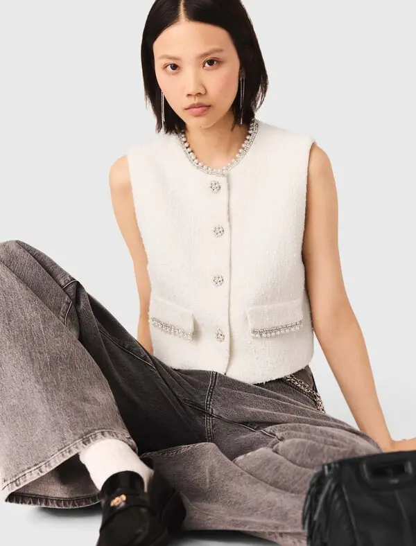 Maje Embellished Tweed Cropped Vest - Ecru