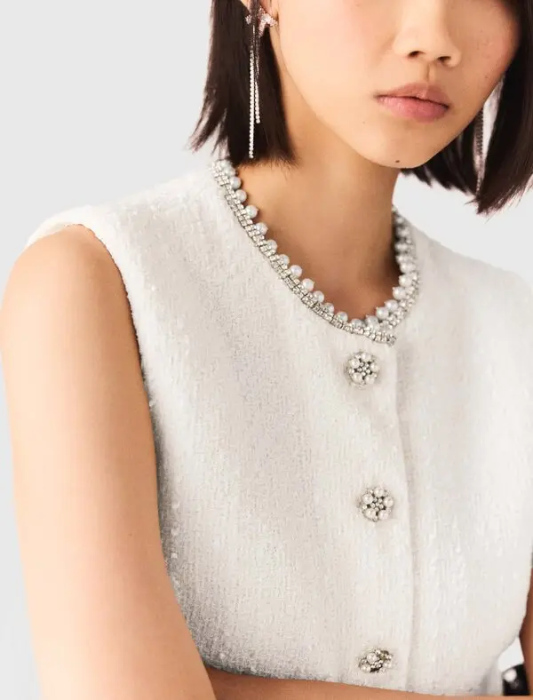 Maje Embellished Tweed Cropped Vest - Ecru