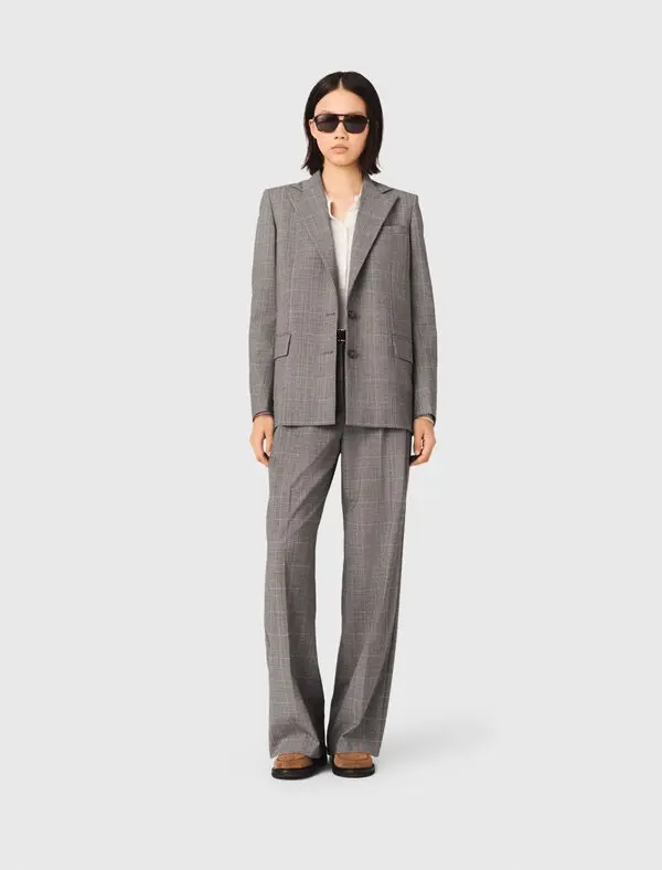 Maje Wool Checked Suit Jacket - Grey