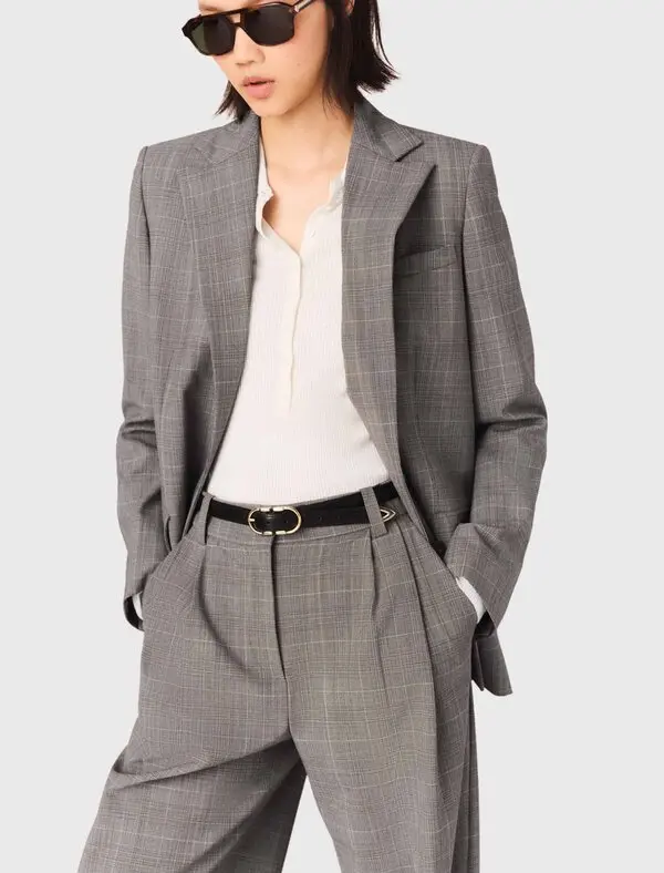 Maje Wool Checked Suit Jacket - Grey