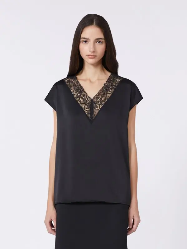 Max Mara Satin Top With Lace Trim - Black