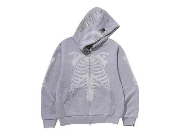 A BATHING APE Skeleton Shark Cropped Full Zip Hoodie - Grey