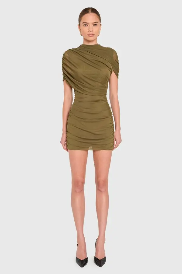 Amanda Uprichard Evianna Ruched Mock Neck Mini Dress - Olive