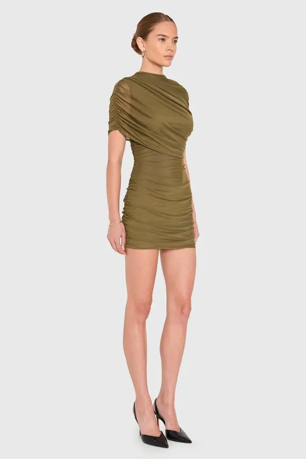 Amanda Uprichard Evianna Ruched Mock Neck Mini Dress - Olive