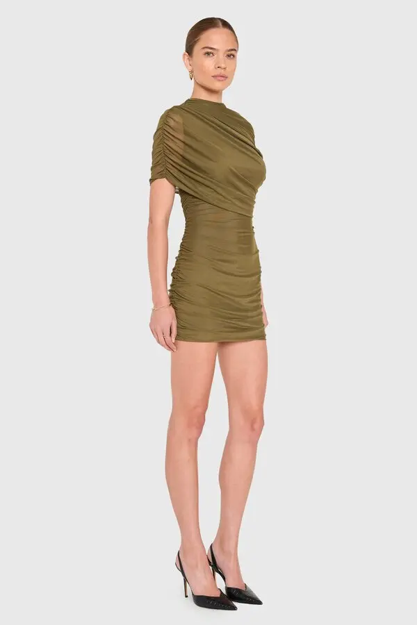 Amanda Uprichard Evianna Ruched Mock Neck Mini Dress - Olive