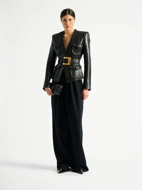 Balmain Belted Lambskin Leather Jacket