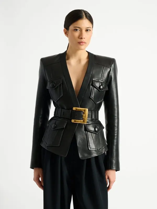 Balmain Belted Lambskin Leather Jacket