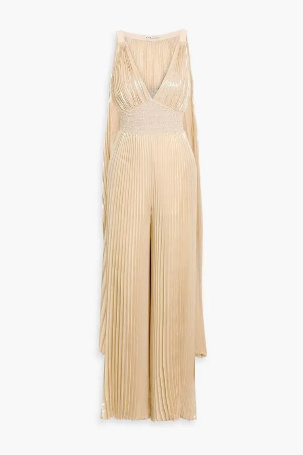 Alice + Olivia Rosalie Metallic Plissé Wide-leg Jumpsuit - Platinum