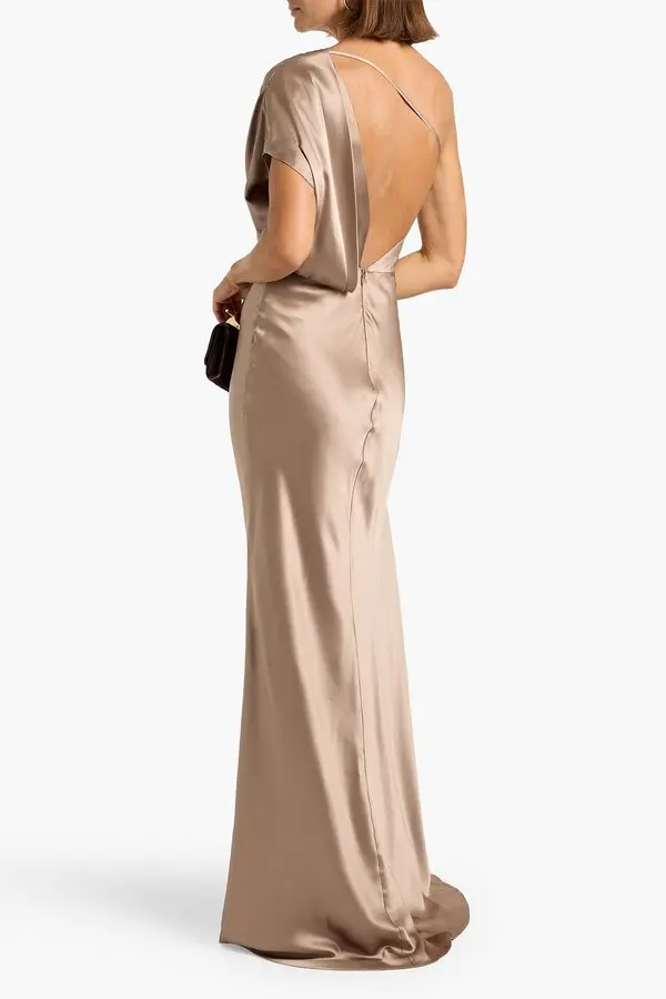 Michelle Mason One-shoulder Open-back Silk-satin Gown - Taupe