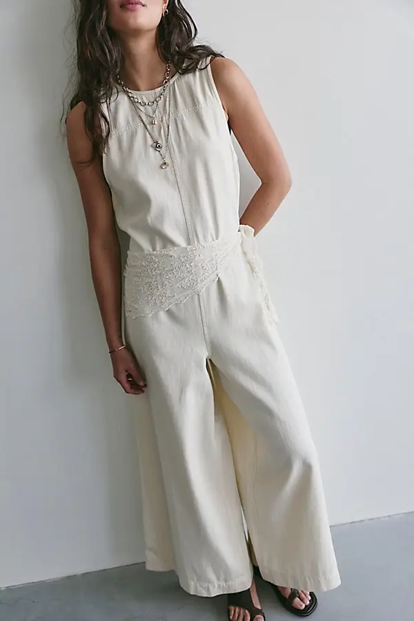 Free People We The Free Do No Wrong Denim Jumpsuit - Ecru