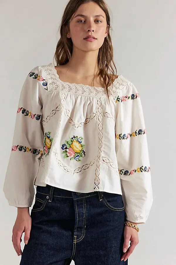 Free People Homebound Embroidered Blouse