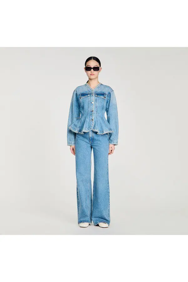 Sandro Beaded Denim Peplum Jacket - Blue
