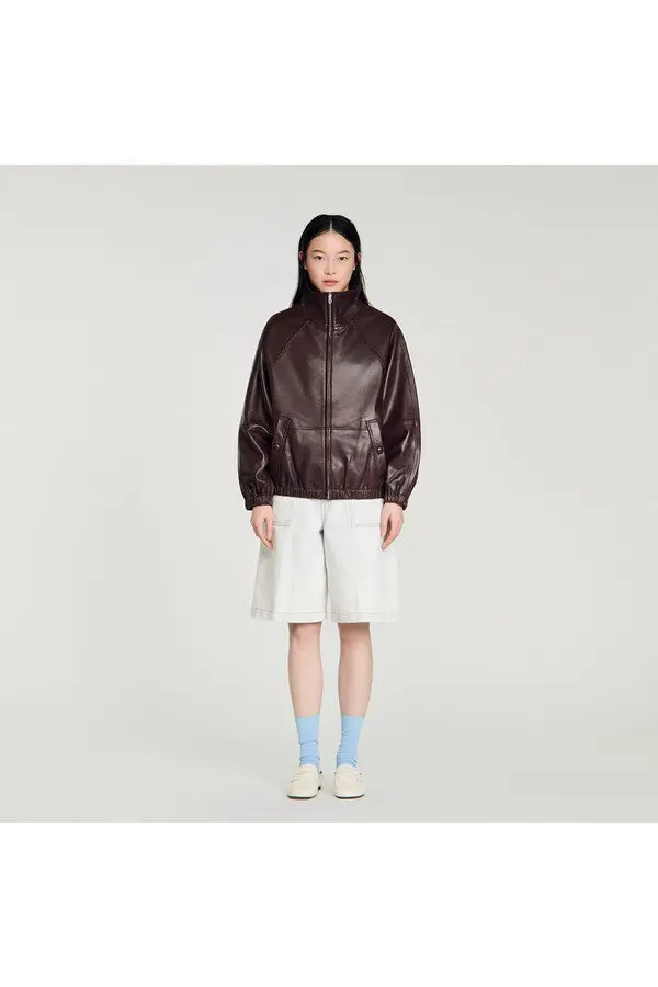 Sandro Oversized Zip-up Lambskin Leather Jacket - Brown