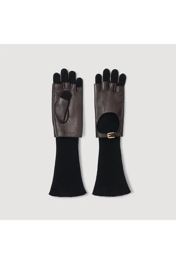 Sandro Long Knit And Leather Gloves - Black
