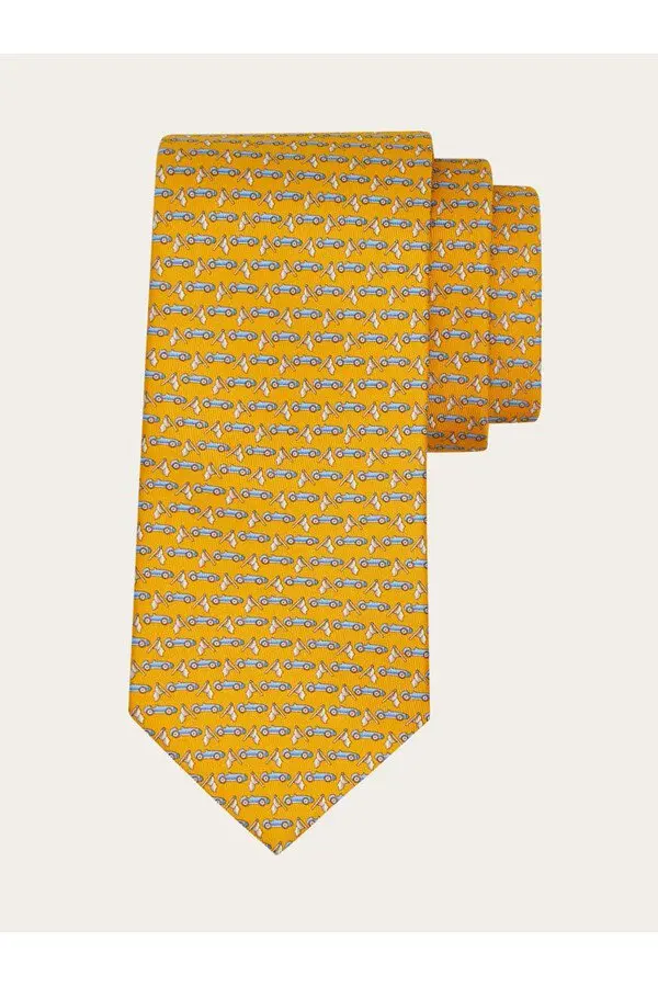 FERRAGAMO Race Print Silk Neck Tie - Yellow