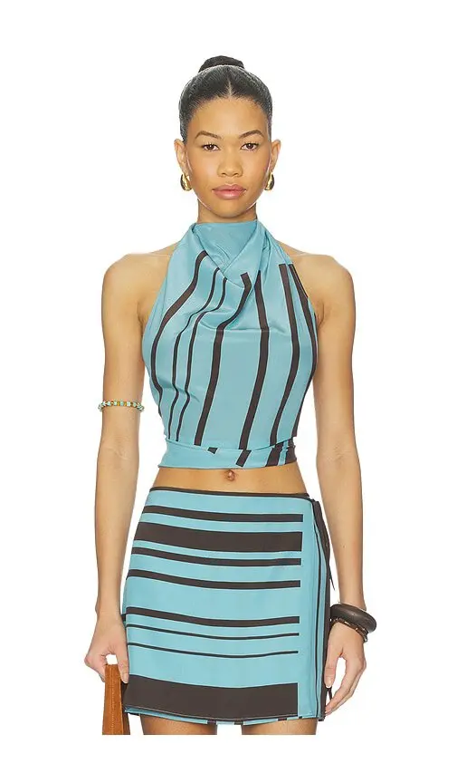 Sir The Label Rioja Halter Scarf Top In Blue - Pacha Mineral Stripe