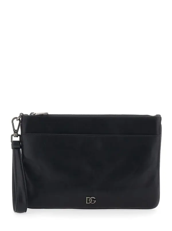 Dolce & Gabbana Leather Clutch With Wrist Strap And Logo Plaque - Black