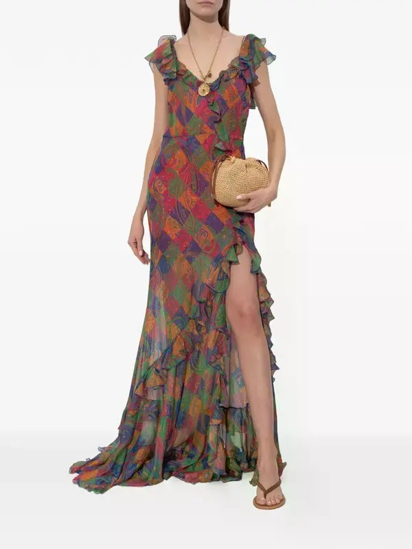 Etro Silk Long Dress With Ruffles And Geometric Paisley Motif - Blue