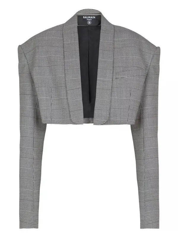 Balmain Prince Of Wales-check Cropped Jacket - Grey