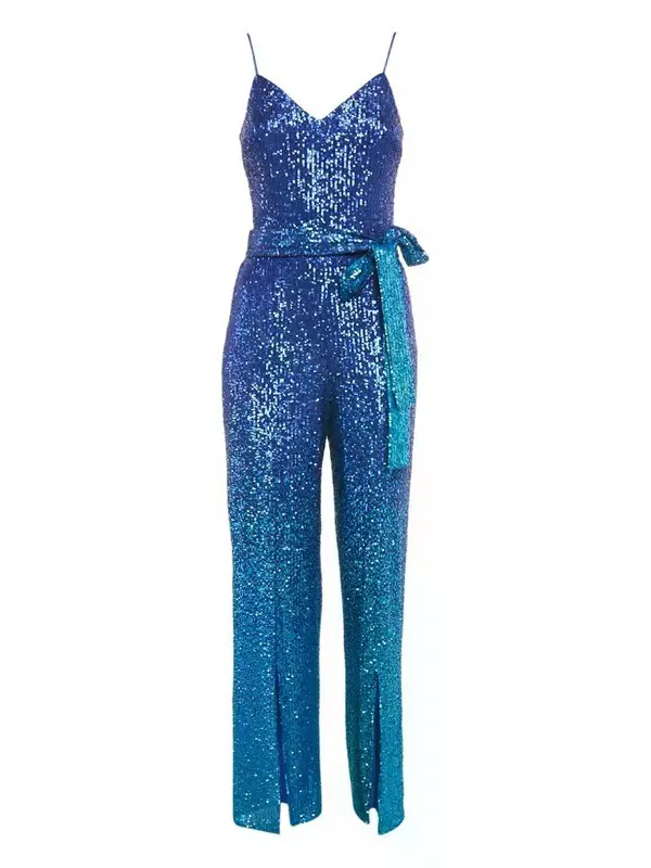 Dress The Population Sleeveless Sequin-embellished Belted Jumpsuit With Split Hem - Blue