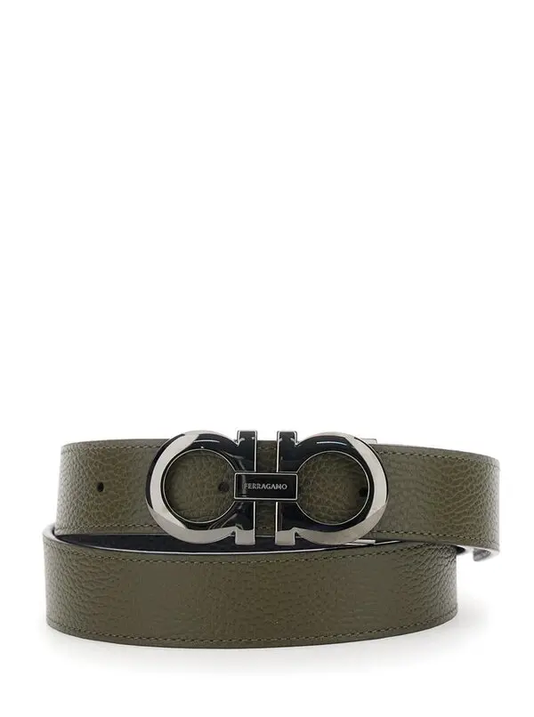 FERRAGAMO Reversible Grained Leather Belt With Gancini Buckle - Green