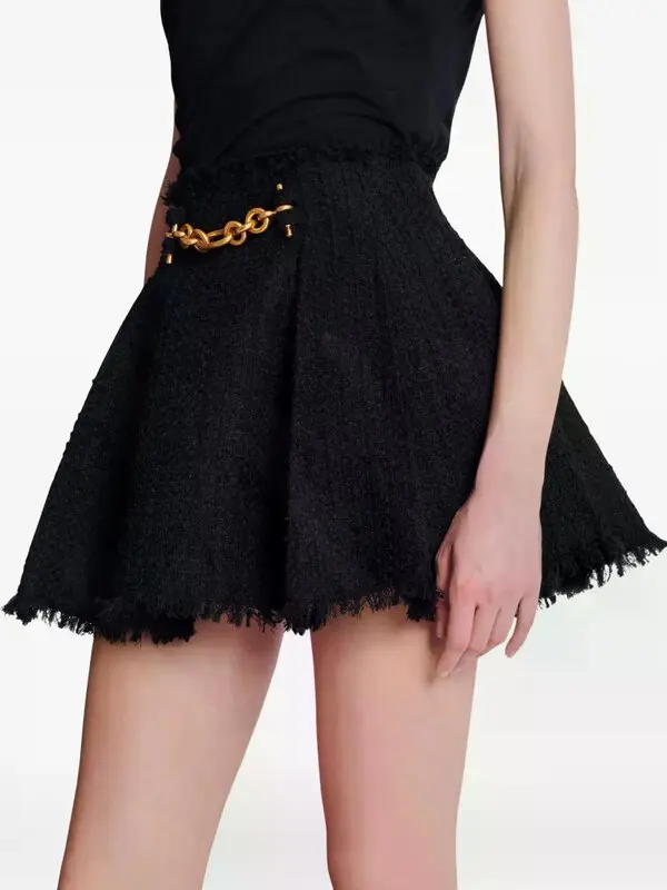Balmain Pleated Flared Tweed Skirt With Chain Embellishment