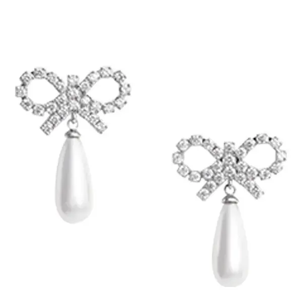 SELF-PORTRAIT Crystal Bow Pearl Earrings - Silver