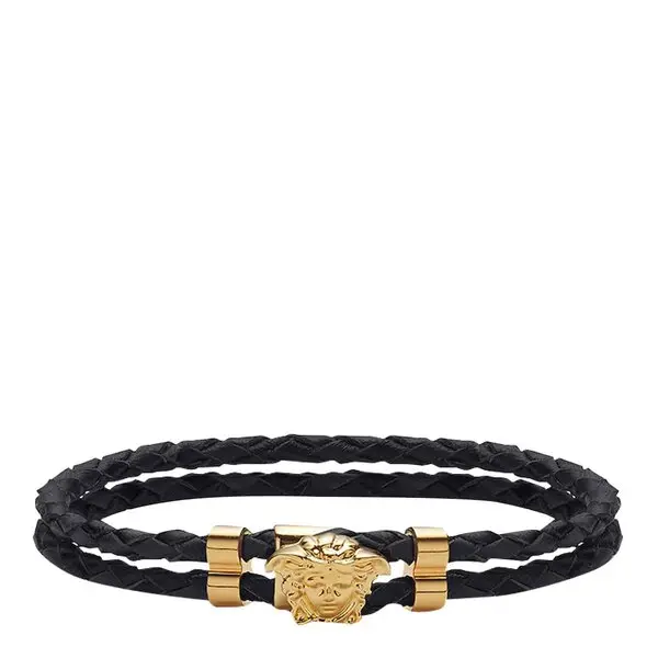 Versace Braided Leather Bracelet With Medusa Logo - Black