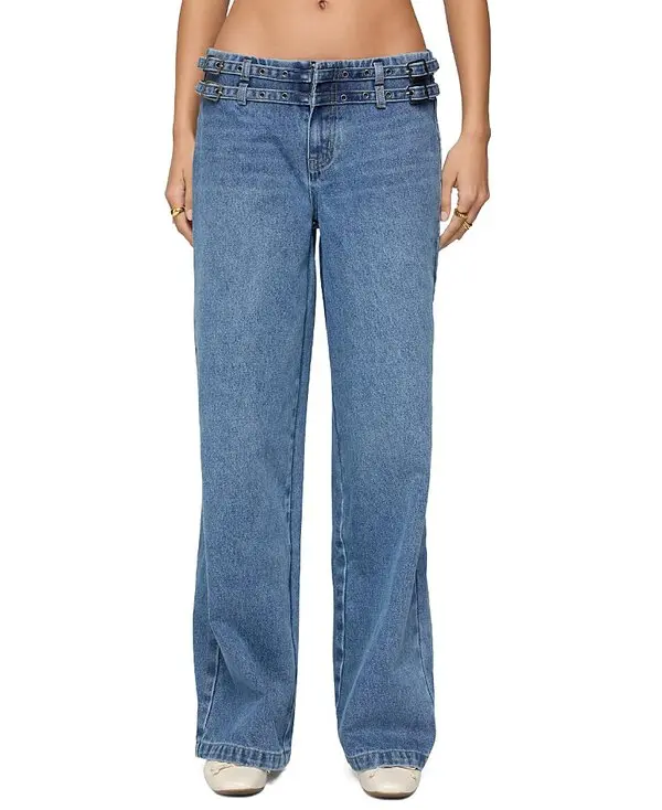 EDIKTED Livia Double Belt Baggy Jeans - Blue Washed