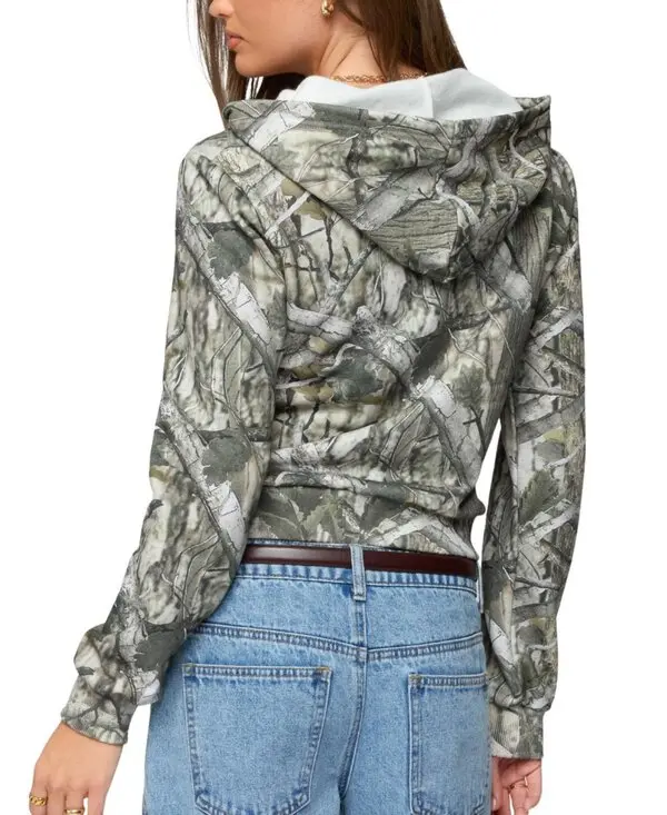 EDIKTED Camo Zip Up Hoodie