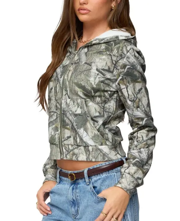 EDIKTED Camo Zip Up Hoodie